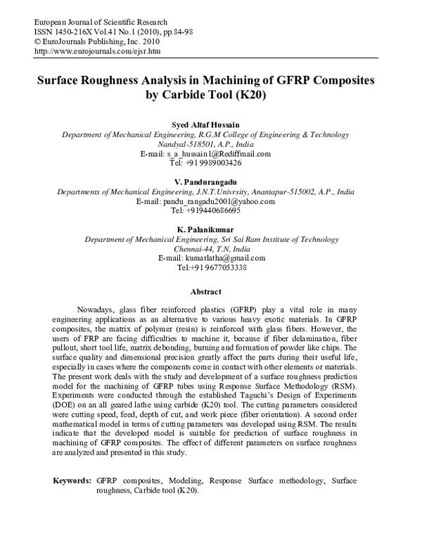 (PDF) Surface roughness analysis in machining of GFRP composite by carbide tool (K20)