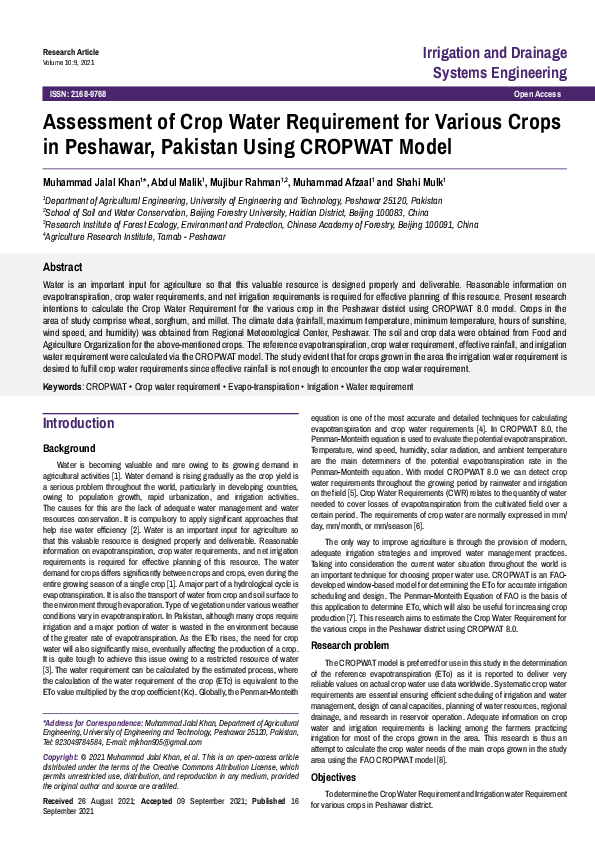 (PDF) Assessment of Crop Water Requirement for Various Crops in ...