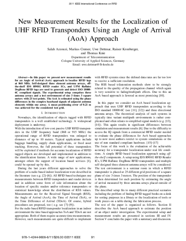 Pdf New Measurement Results For The Localization Of Uhf Rfid Transponders Using An Angle Of