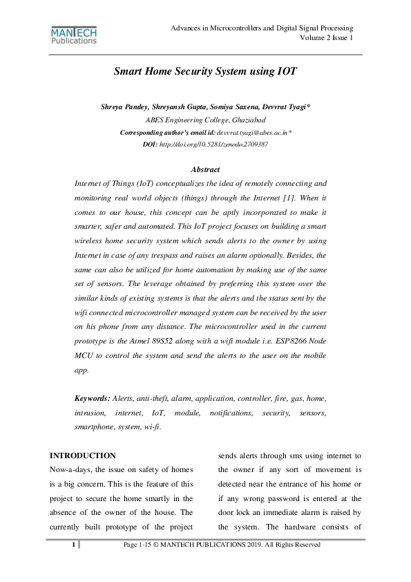 (PDF) Smart Home Security System using IOT