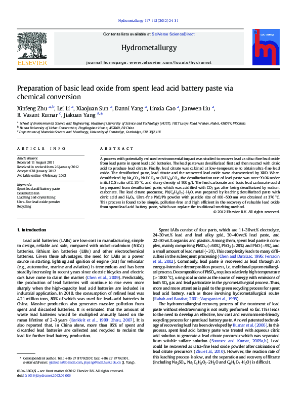 (PDF) Preparation of basic lead oxide from spent lead acid battery ...