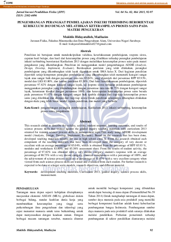 (PDF) Pengembangan Perangkat Pembelajaran Inkuiri Terbimbing Berorientasi Kurikulum 2013 Dengan ...