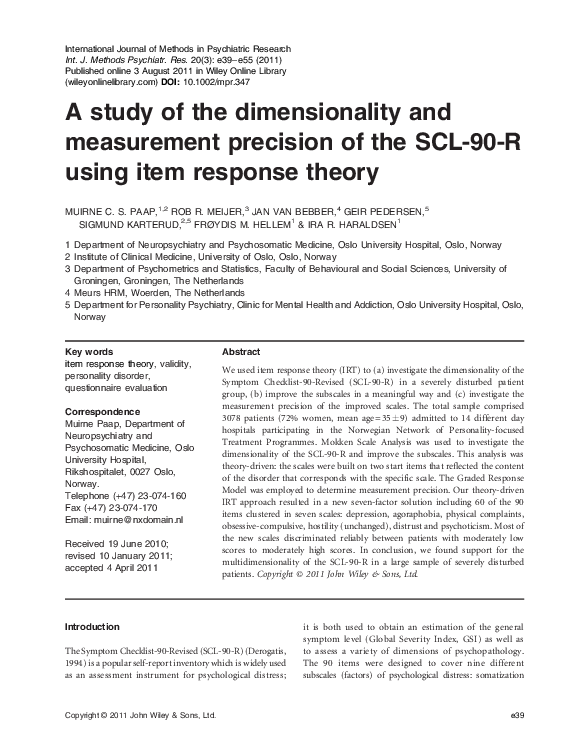 (PDF) A study of the dimensionality and measurement precision of the SCL-90-R using item ...