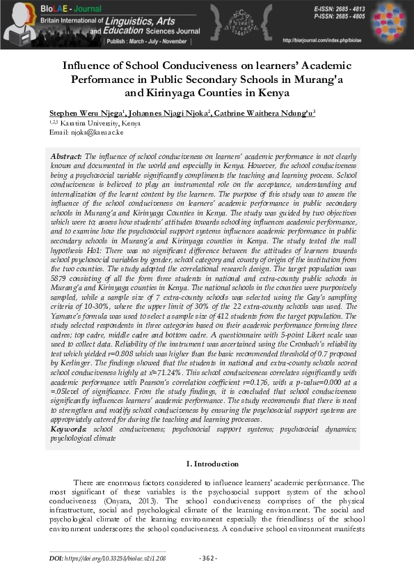 (PDF) Influence of School Conduciveness on learners’ Academic ...