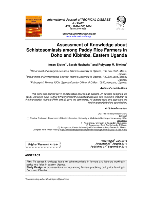 (PDF) Assessment of Knowledge about Schistosomiasis among Paddy Rice ...