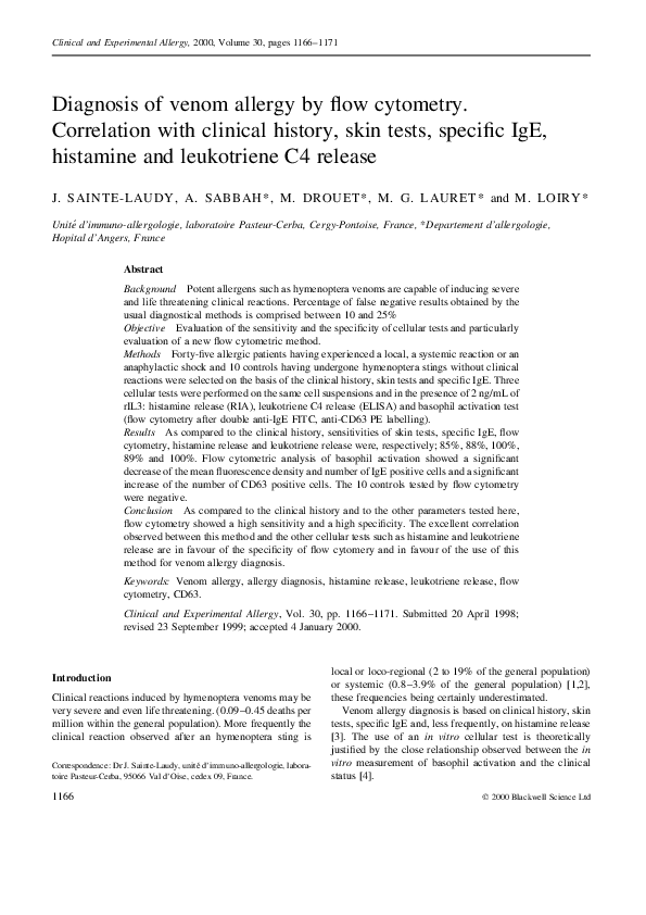 (PDF) Diagnosis of venom allergy by flow cytometry. Correlation with ...