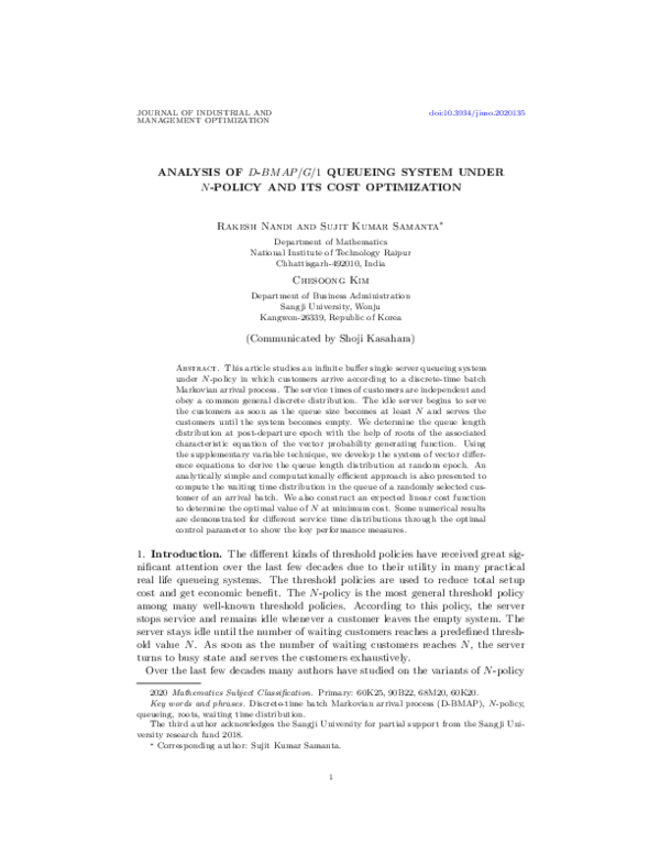 (PDF) Analysis of \begin{document}$ D $\end{document}-\begin{document}$ BMAP/G/1 $\end{document ...