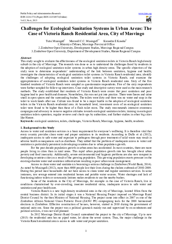 (PDF) Challenges for Ecological Sanitation Systems in Urban Areas: The ...