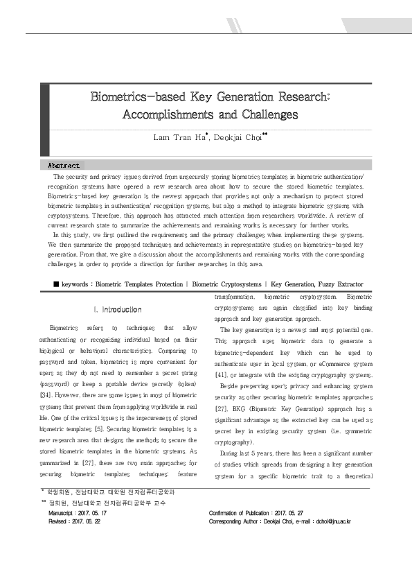 (PDF) Biometrics-based Key Generation Research: Accomplishments and Challenges