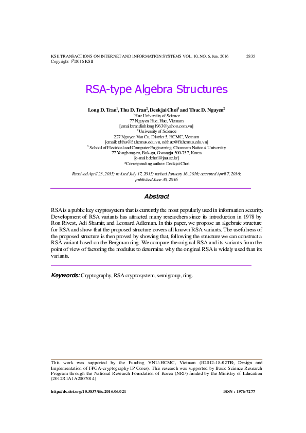 (PDF) RSA-type Algebra Structures