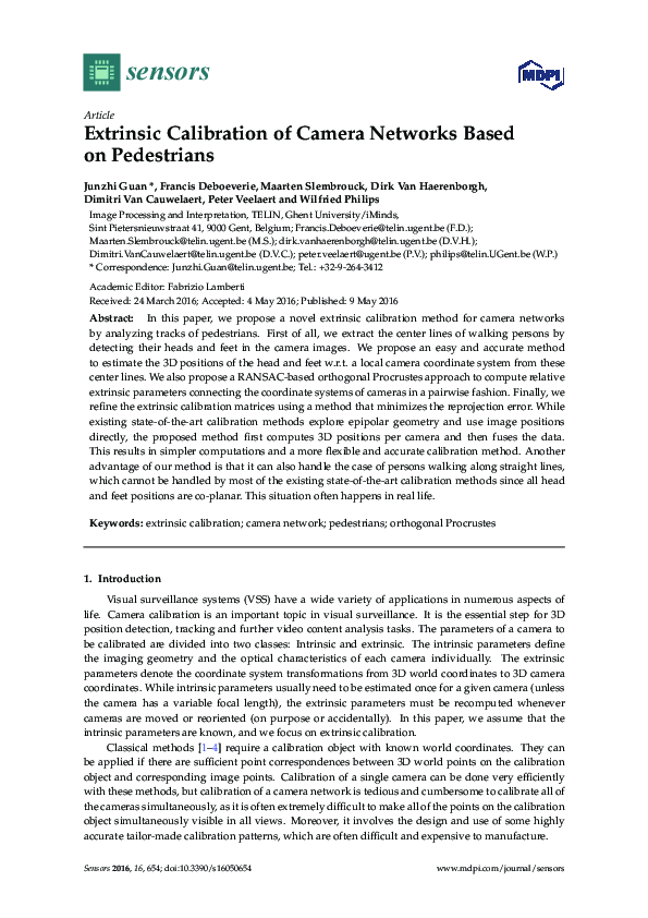 (PDF) Extrinsic Calibration of Camera Networks Based on Pedestrians