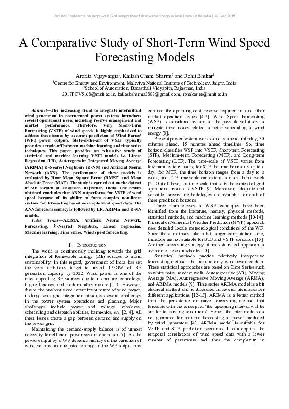 (PDF) A Comparative Study of Short-Term Wind Speed Forecasting Models | ARCHITA VIJAYVARGIA ...