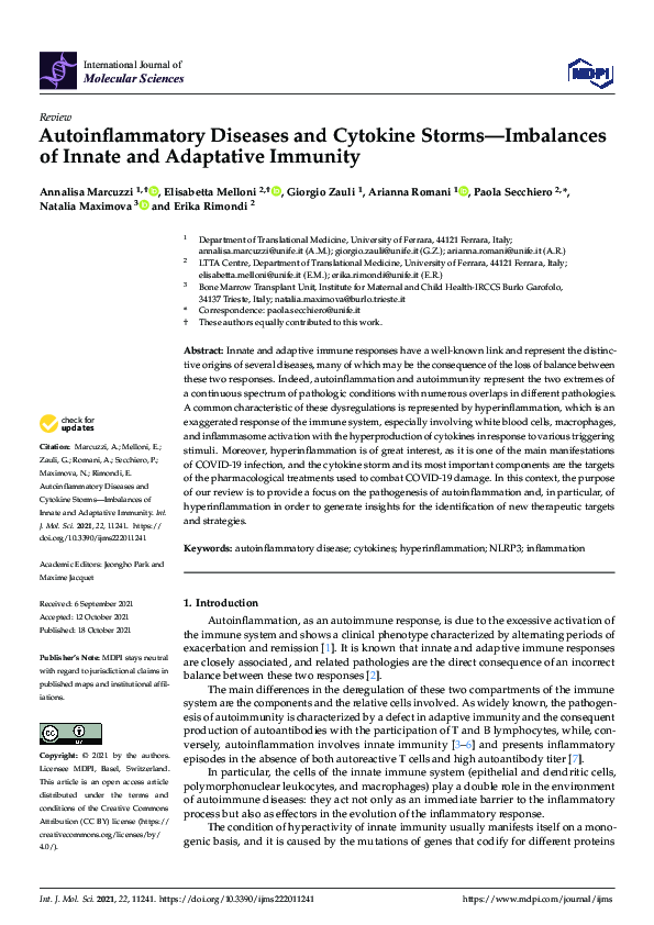 (PDF) Autoinflammatory Diseases and Cytokine Storms—Imbalances of Innate and Adaptative Immunity