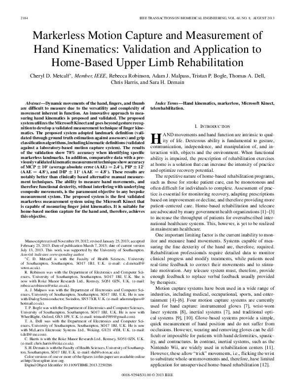 Pdf Markerless Motion Capture And Measurement Of Hand Kinematics Validation And Application