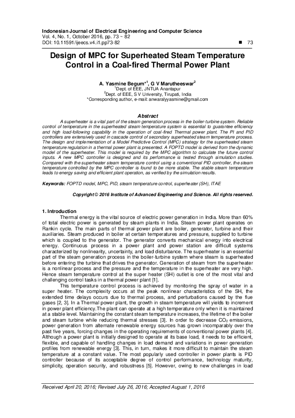 Pdf Design Of Mpc For Superheated Steam Temperature Control In A Coal Fired Thermal Power Plant