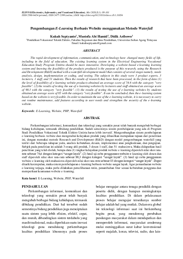(PDF) Pengembangan E-Learning Berbasis Website Di Program Studi Pendidikan Vokasional Teknik Elektro