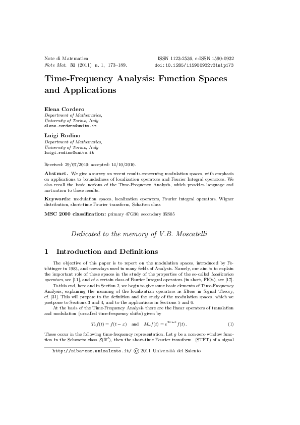 (PDF) Time-Frequency Analysis: Function Spaces and Applications | Elena Cordero - Academia.edu