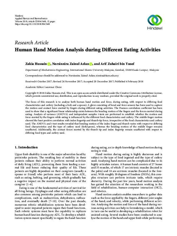 (PDF) Human Hand Motion Analysis during Different Eating Activities