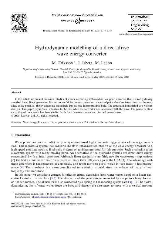 (PDF) Hydrodynamic modelling of a direct drive wave energy converter