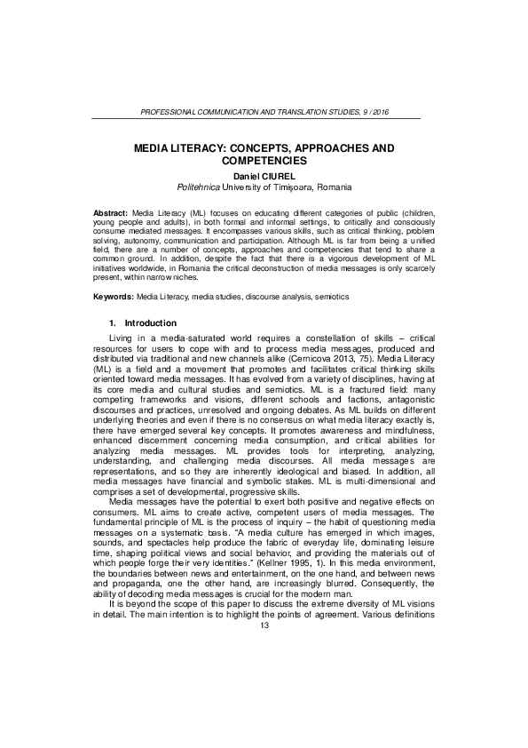 (PDF) Media Literacy: Concepts, Approaches and Competencies