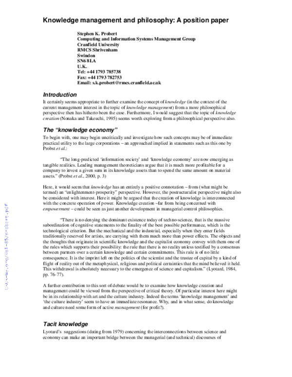 (PDF) Knowledge management and philosophy: A position paper