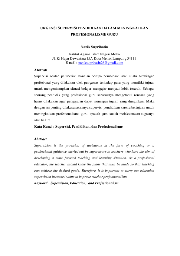 (PDF) URGENSI SUPERVISI PENDIDIKAN DALAM MENINGKATKAN PROFESIONALISME GURU