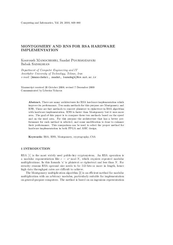 Pdf Montgomery And Rns For Rsa Hardware Implementation Babak Sadeghiyan