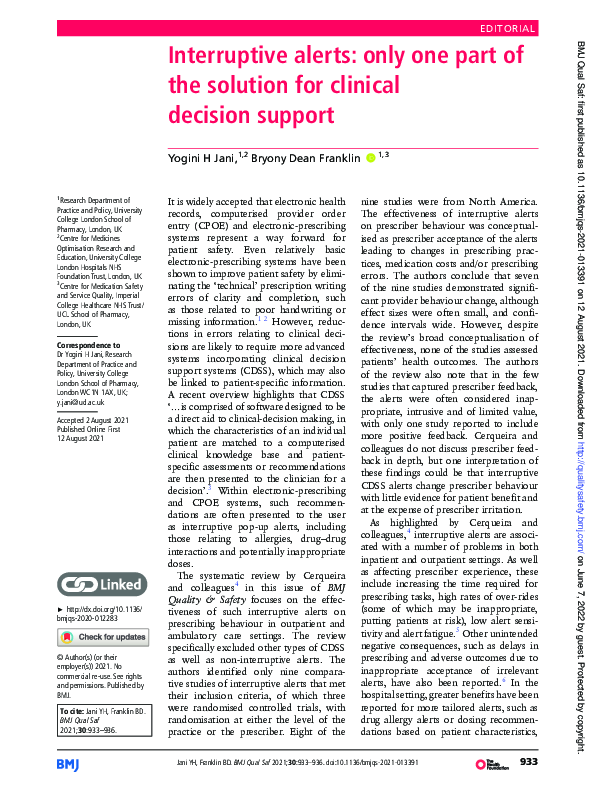 (PDF) Interruptive alerts: only one part of the solution for clinical ...