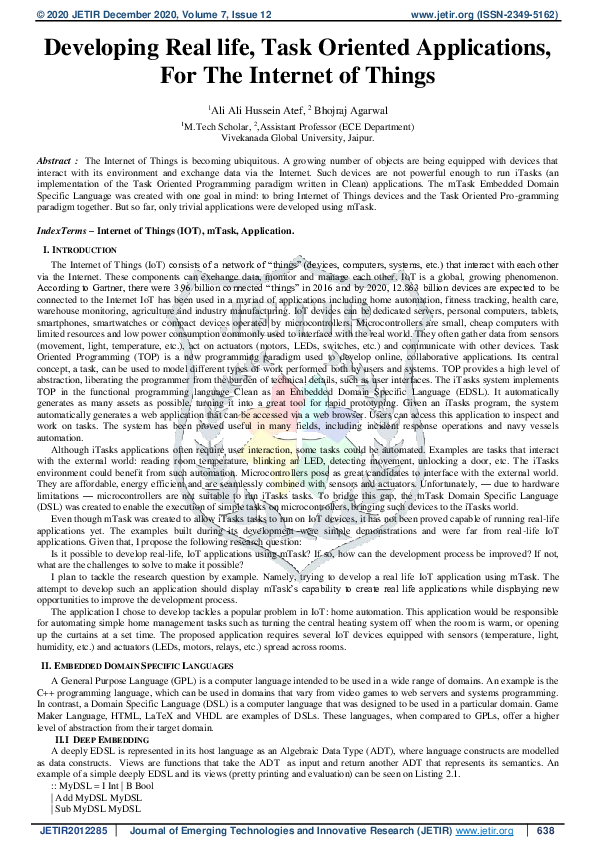 (PDF) Developing Real life, Task Oriented Applications, For The Internet of Things
