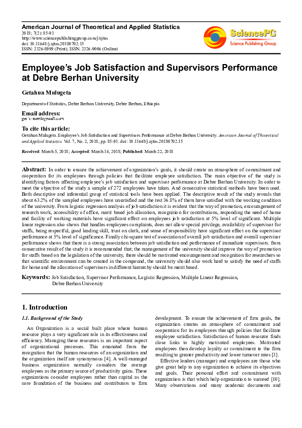 (PDF) Employee’s Job Satisfaction and Supervisors Performance at Debre ...