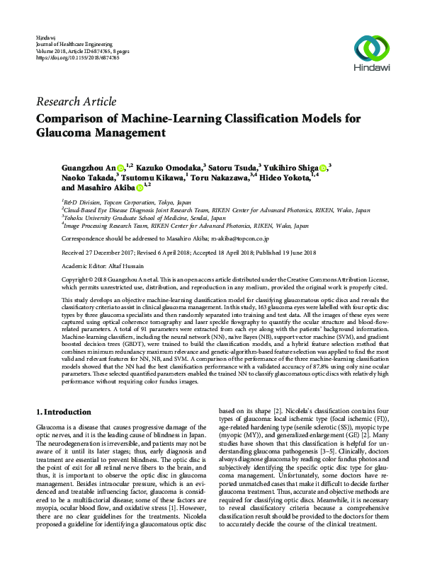 (PDF) Comparison of Machine-Learning Classification Models for Glaucoma Management | Patrick ...