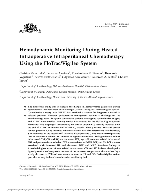 (PDF) Hemodynamic monitoring during Heated Intraoperative ...