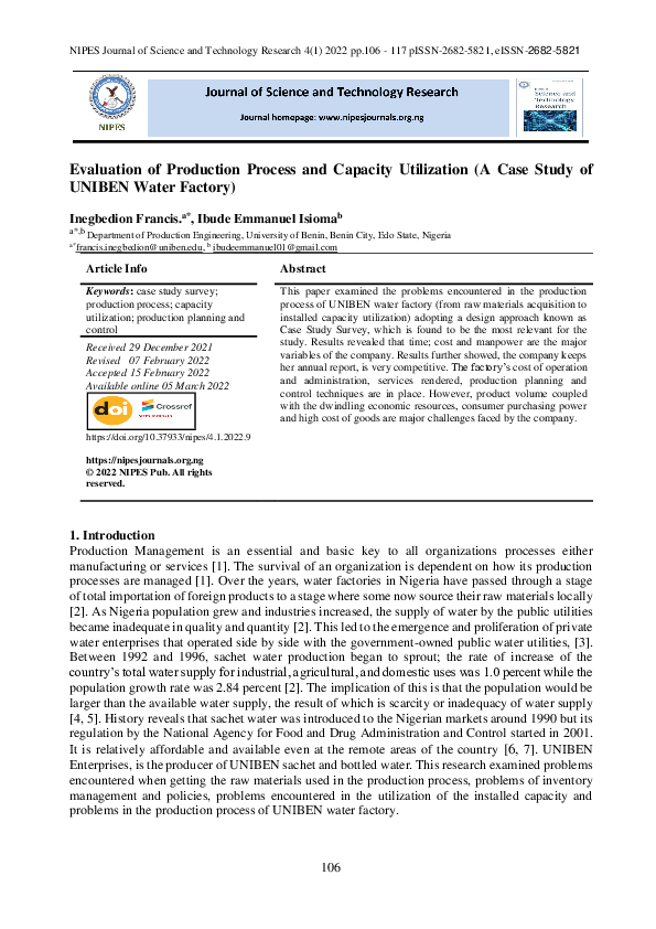 (PDF) Evaluation of Production Process and Capacity Utilization (A Case ...