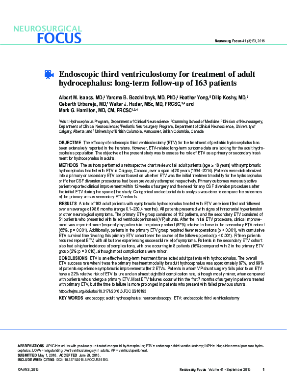 (PDF) Endoscopic third ventriculostomy for the treatment of ...