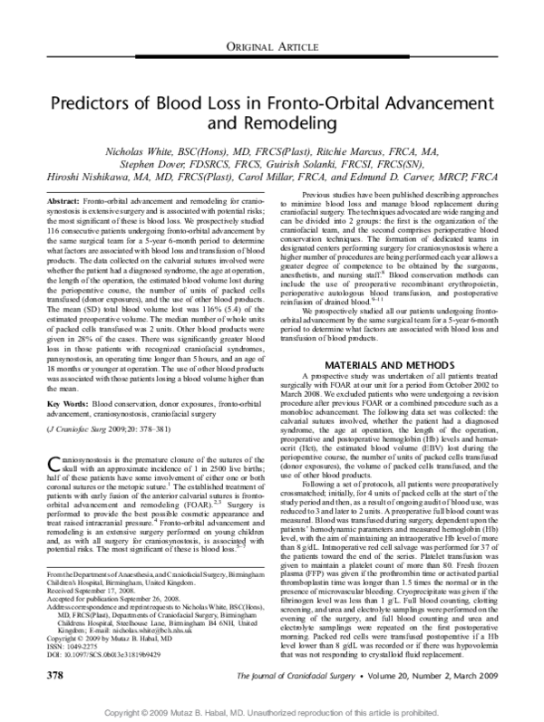(PDF) Predictors of Blood Loss in Fronto-Orbital Advancement and Remodeling