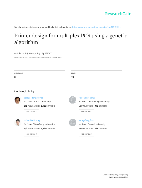 (PDF) ORIGINAL PAPER Primer design for multiplex PCR using a genetic algorithm