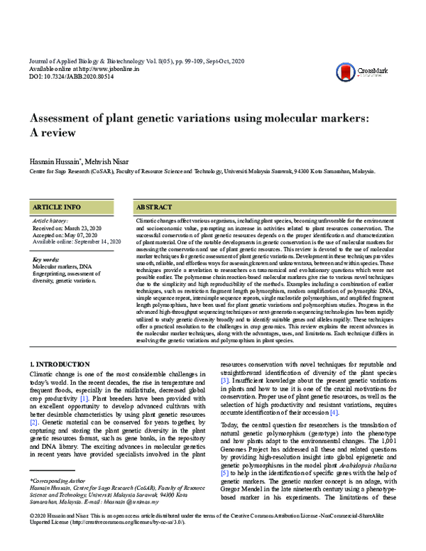(PDF) Assessment of plant genetic variations using molecular markers: A ...