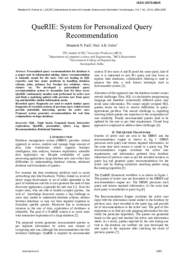 (PDF) QueRIE : System for Personalized Query Recommendation