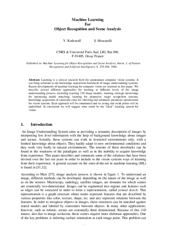 Pdf Machine Learning For Object Recognition And Scene Analysis