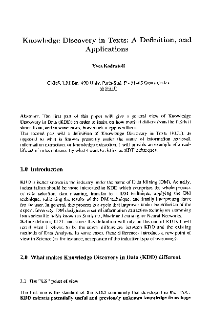 (PDF) Knowledge discovery in texts: A definition, and applications