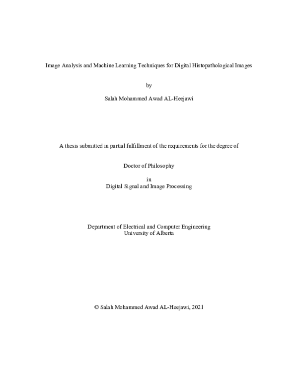 (PDF) Image Analysis and Machine Learning Techniques for Digital Histopathological Images