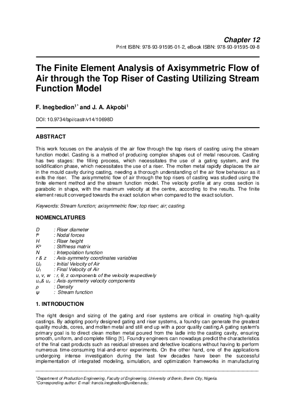(PDF) The Finite Element Analysis of Axisymmetric Flow of Air through the Top Riser of Casting ...