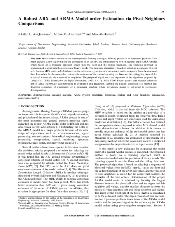 (PDF) A Robust ARX and ARMA Model order Estimation via Pivot-Neighbors Comparisons