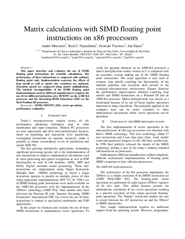 (PDF) Matrix calculations with SIMD floating point instructions on x86 processors
