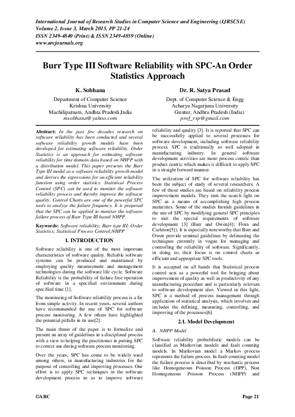 (PDF) Burr Type III Software Reliability with SPC-An Order Statistics Approach