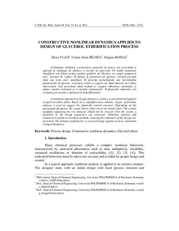(PDF) Nonlinear Dynamics in Glycerol Etherification Process Design