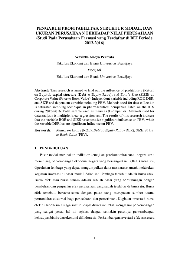(PDF) PENGARUH PROFITABILITAS, STRUKTUR MODAL, DAN UKURAN PERUSAHAAN TERHADAP NILAI PERUSAHAAN ...