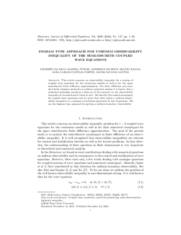 (PDF) Ingham Type Approach for Uniform Observability Inequality of the ...