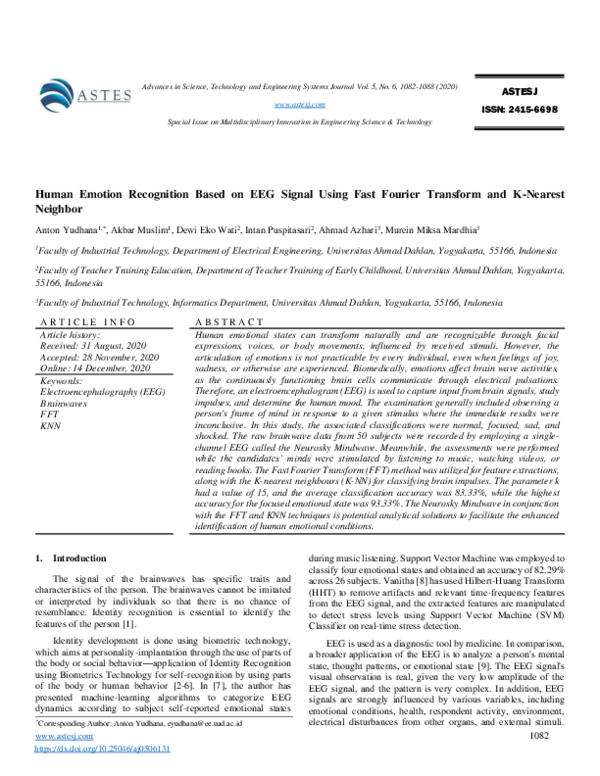 Pdf Human Emotion Recognition Based On Eeg Signal Using Fast Fourier Transform And K Nearest