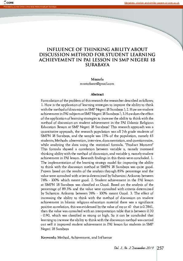 (PDF) Influence of Thinking Ability About Discussion Method for Student ...